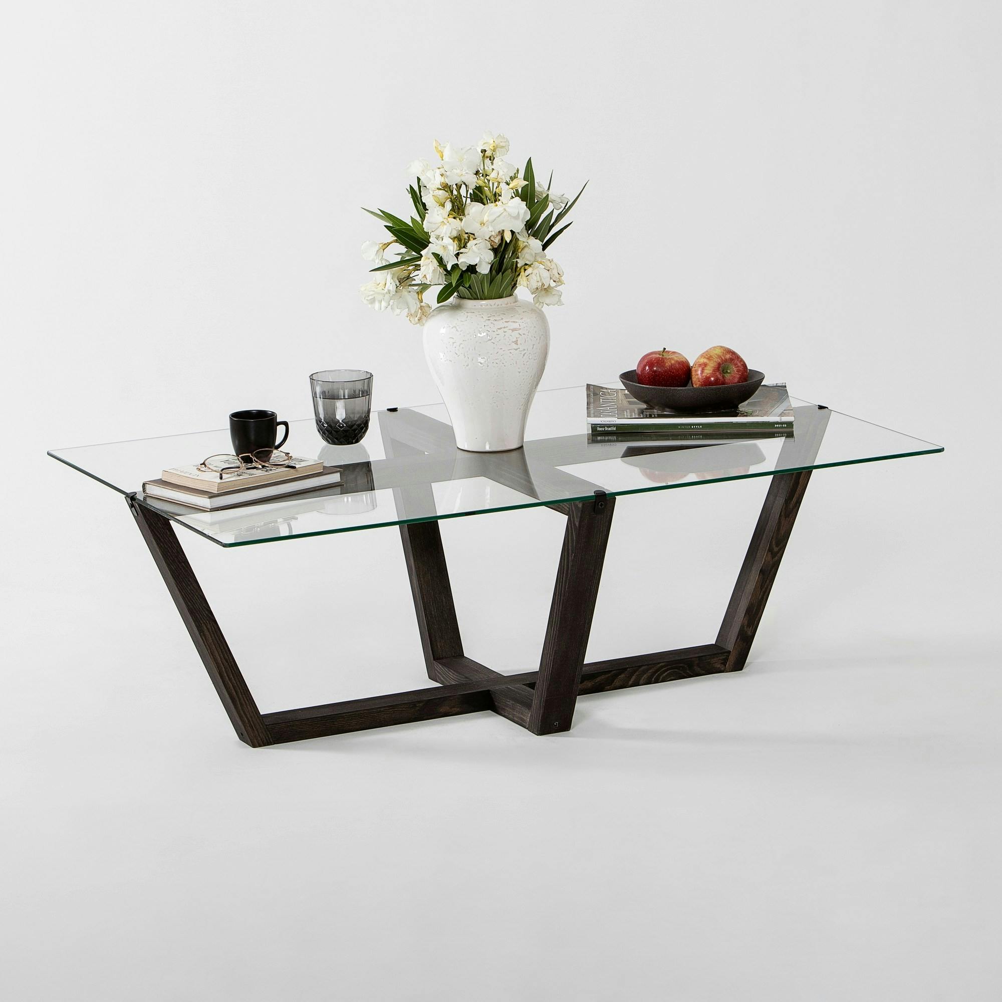 Table basse verre trempé - pied croisé en bois gris foncé LHASA ...