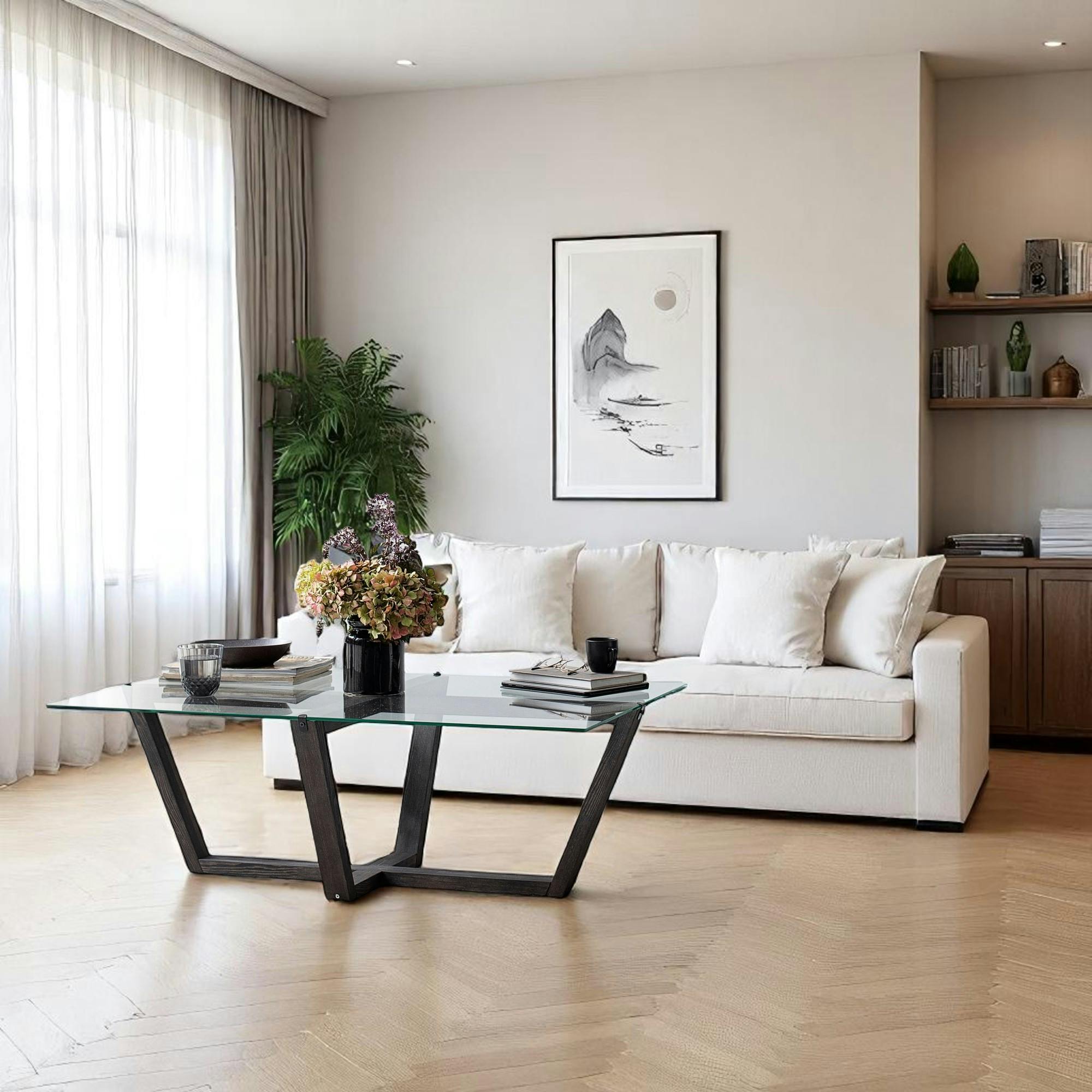 Table basse verre trempé - pied croisé en bois gris foncé LHASA ...