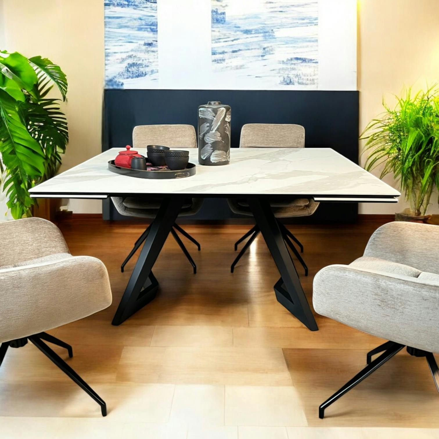 Table carrée extensible en céramique marbrée blanche 140-200 cm ...