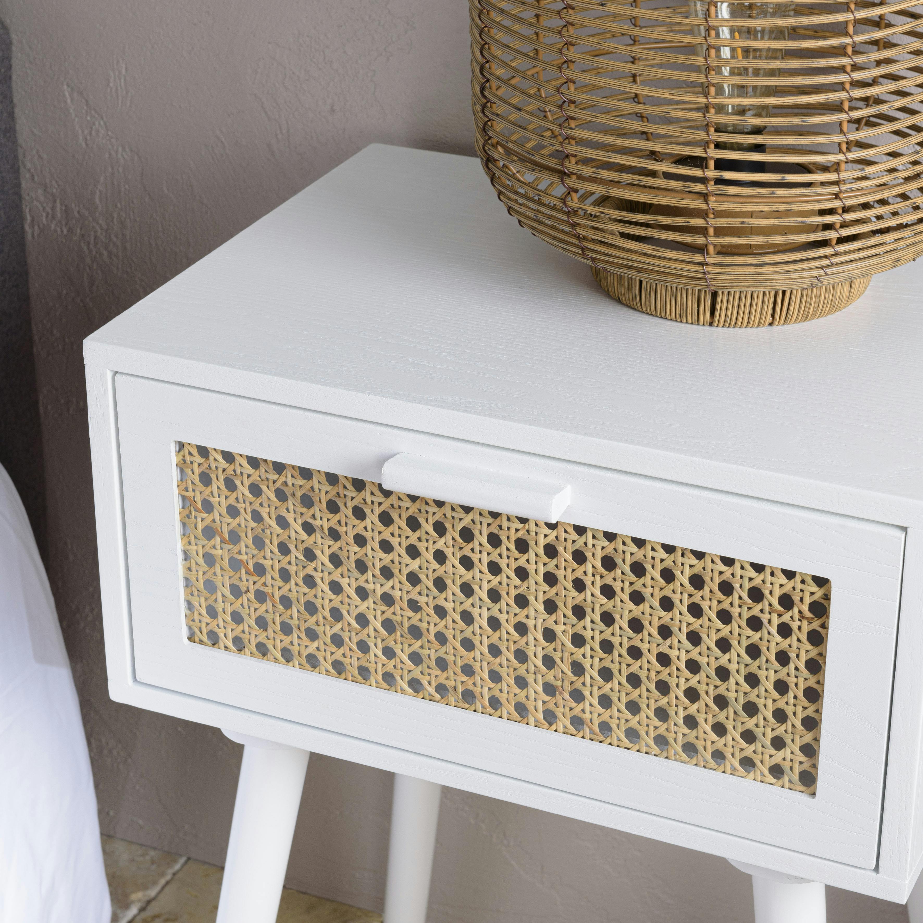 Table de chevet bois blanc 1 tiroir cannage naturel CALVIA | Tables de ...