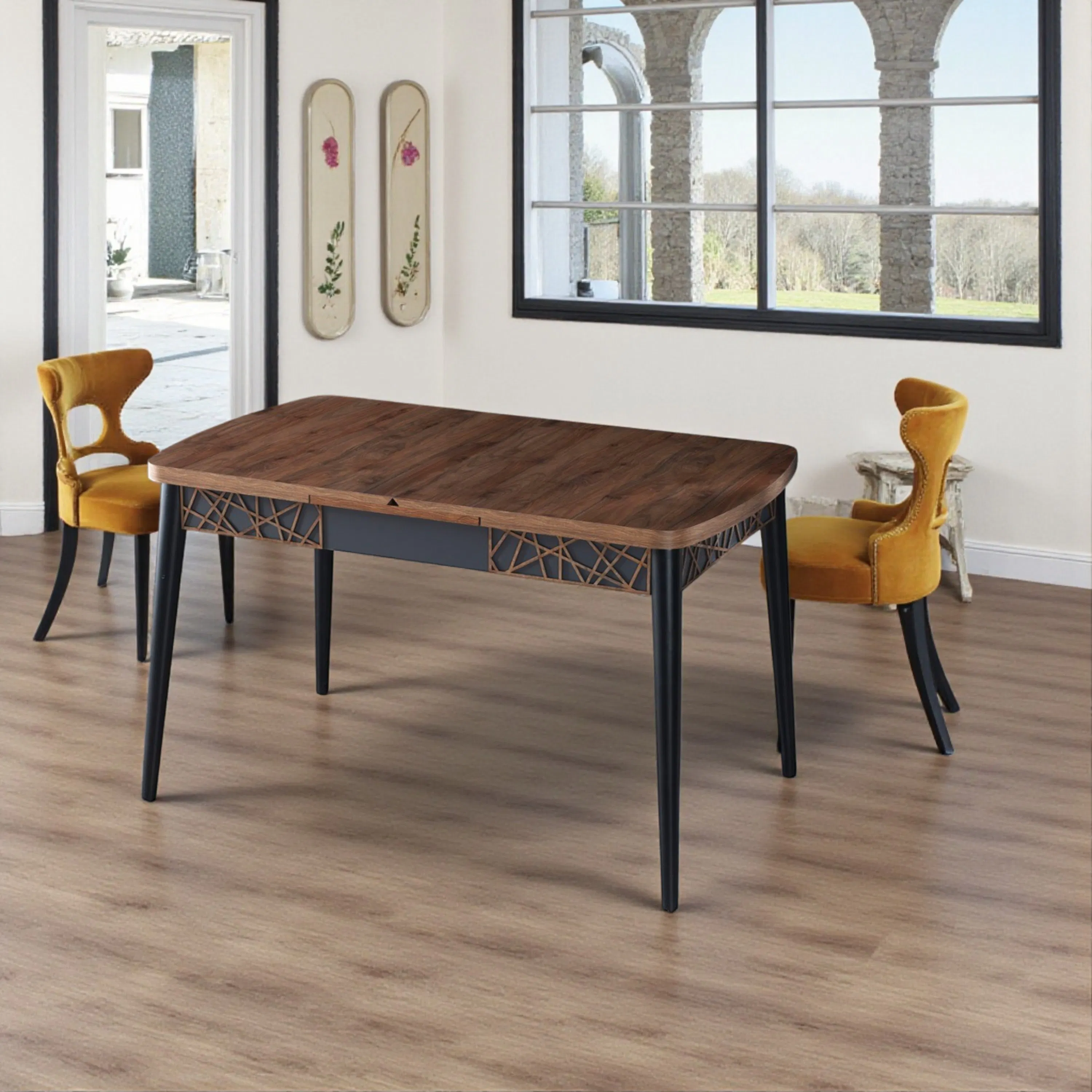 Table extensible effet noyer, pieds noirs 132-170 cm LUNOR | Tables à ...