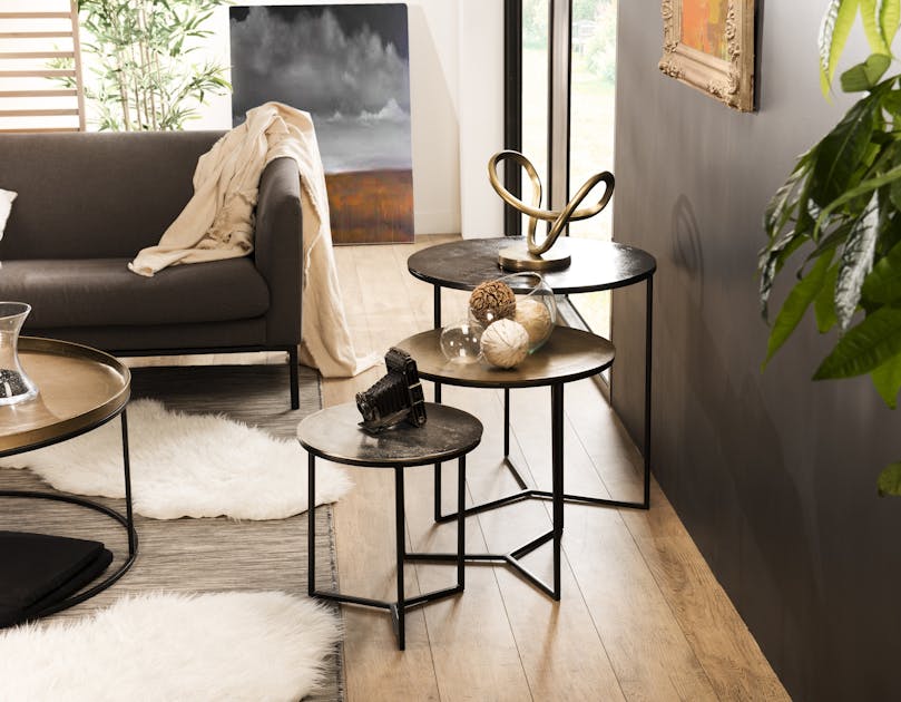Table Gigogne Ronde Noir Or Argent Lot De 3 Zala Tables Basses