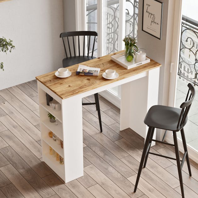 Table haute blanche cuisine avec plateau effet bois MARFA | Meubles bar ...