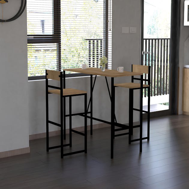 Table haute et 2 chaises de bar effet bois & métal 100 cm JENA | Tables ...