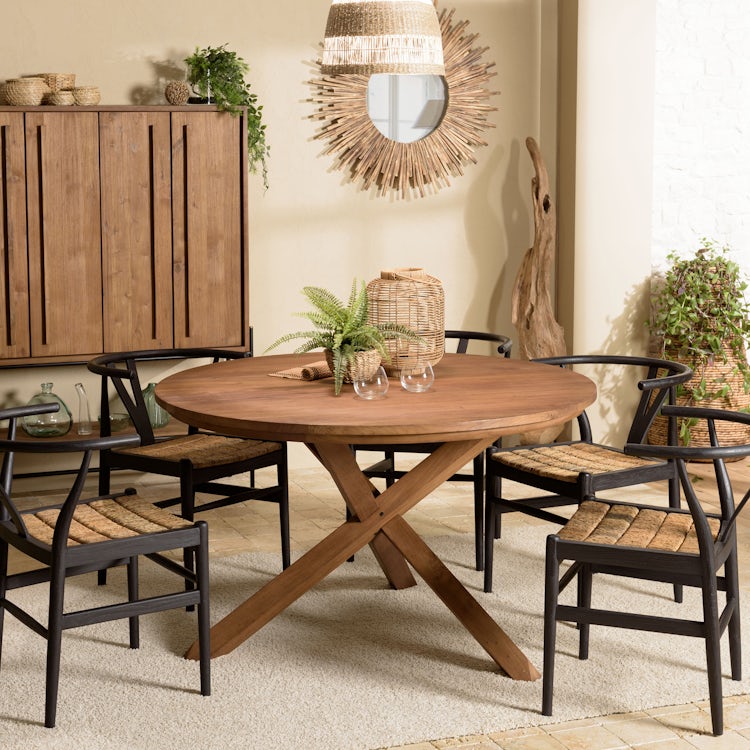 Table ronde en teck massif recyclé 130 cm pied croisé bois SWING ...