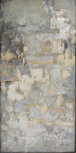 Tableau ABSTRAIT tons beiges, gris et argentés et feuilles métal ...