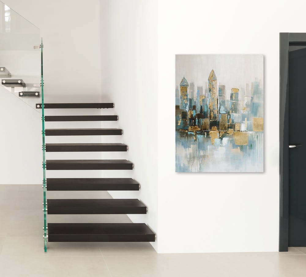 Tableau BUILDING façon ABSTRAIT tons bleus, gris et dorés avec feuilles ...