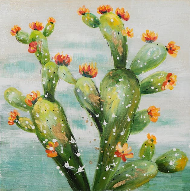 Tableau FLEURS cactus en fleurs tons verts, orangés, bleus et blancs ...