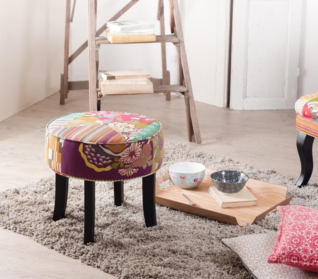 Tabouret bas rond patchwork tissu BOHEME 42X42X40cm | Tabourets | Pier ...