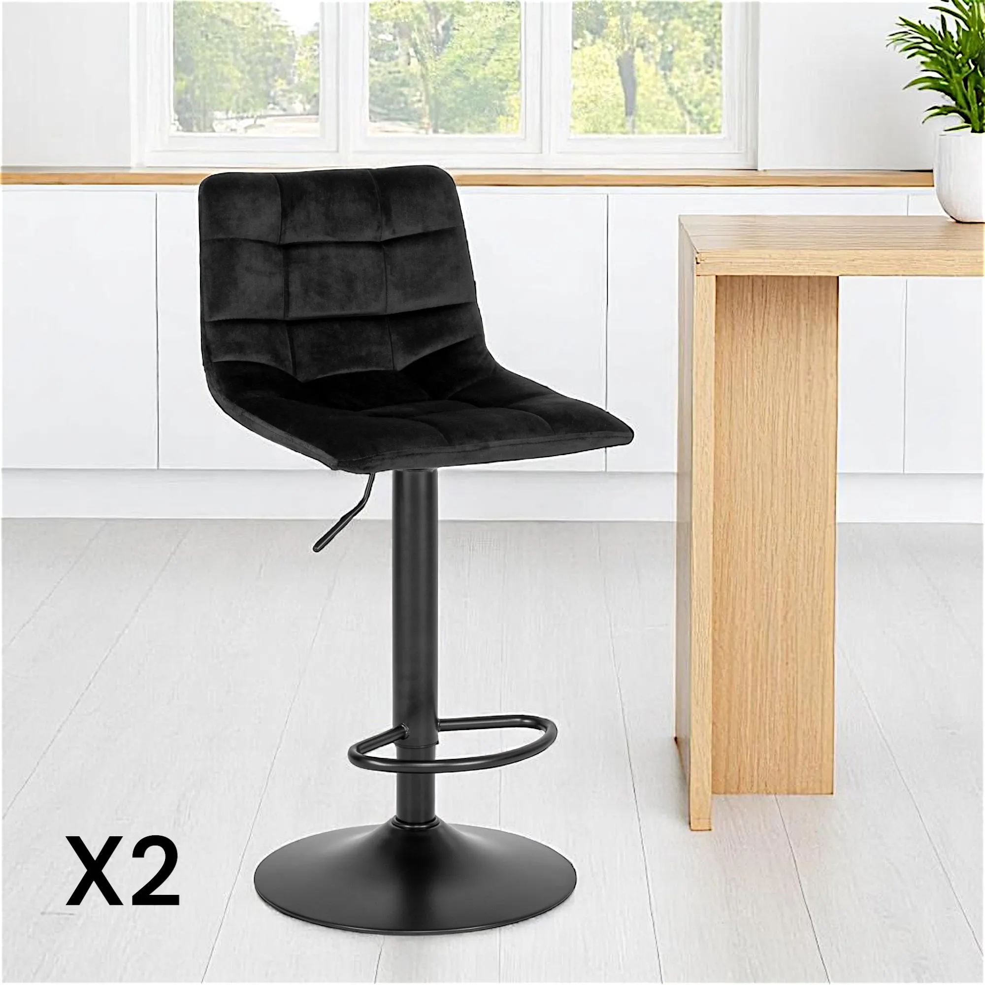Tabouret de bar noir velours, réglable en hauteur et pivotant (lot de 2 ...