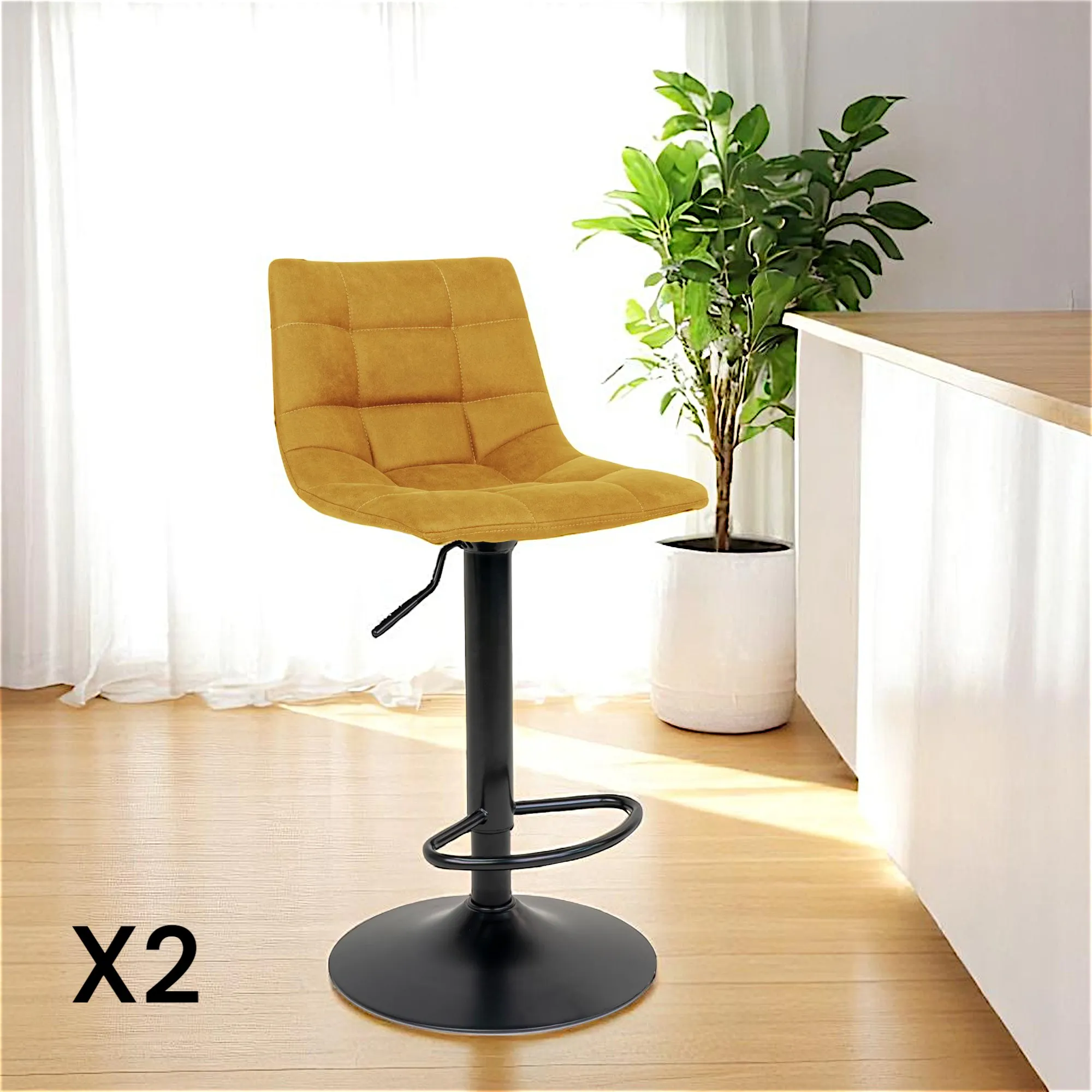 Tabouret de bar réglable en hauteur et pivotant, velours moutarde (lot ...