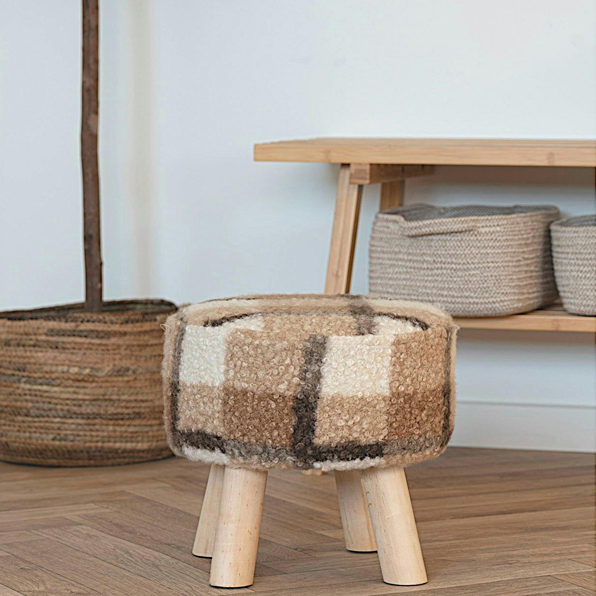 Tabouret rond en bois de teck brun en fausse fourrure - 4 pieds ARIZONA ...