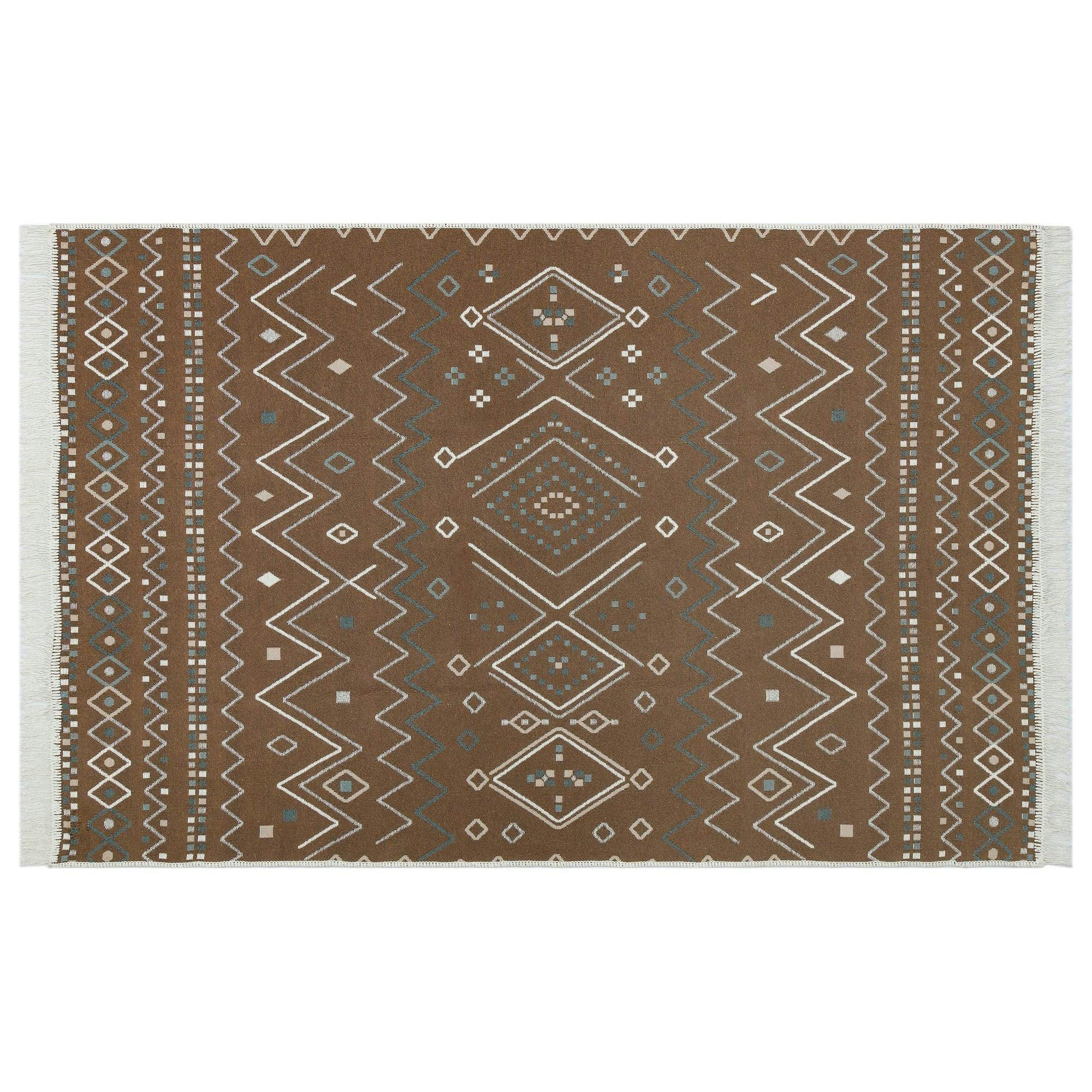 Tapis réversible en coton crème et brun – motifs graphiques | Tapis ...